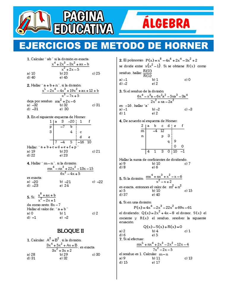 Ejercicios de Metodo de Horner Pagina Educativa | Descargar gratis PDF ...
