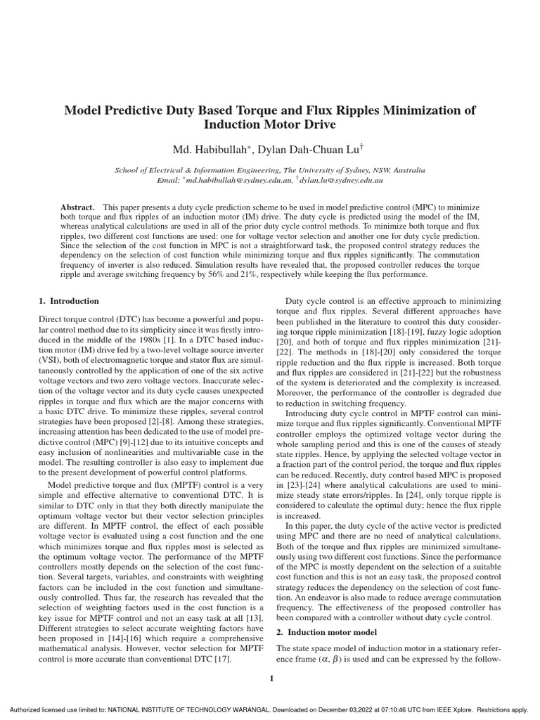 Model Predictive Duty Based Torque and Flux Ripples Minimization of Induction Motor Drive | PDF ...