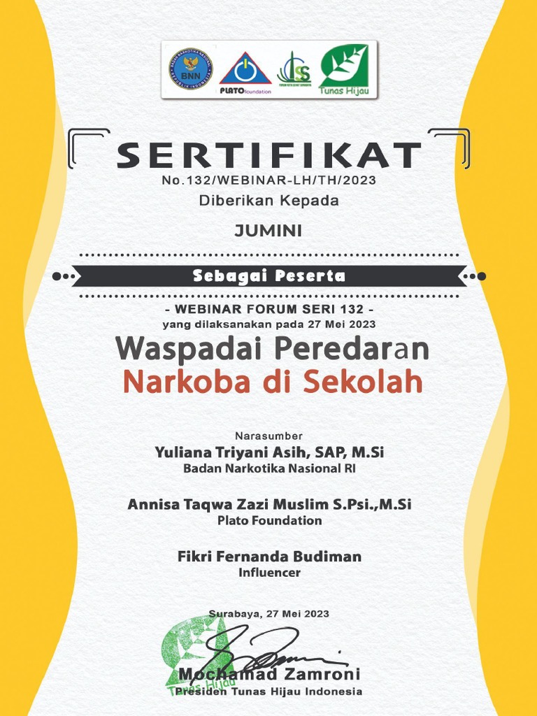 Piagam Webinar WASPADAI PEREDARAN NARKOBA DI SEKOLAH - JUMINI | PDF