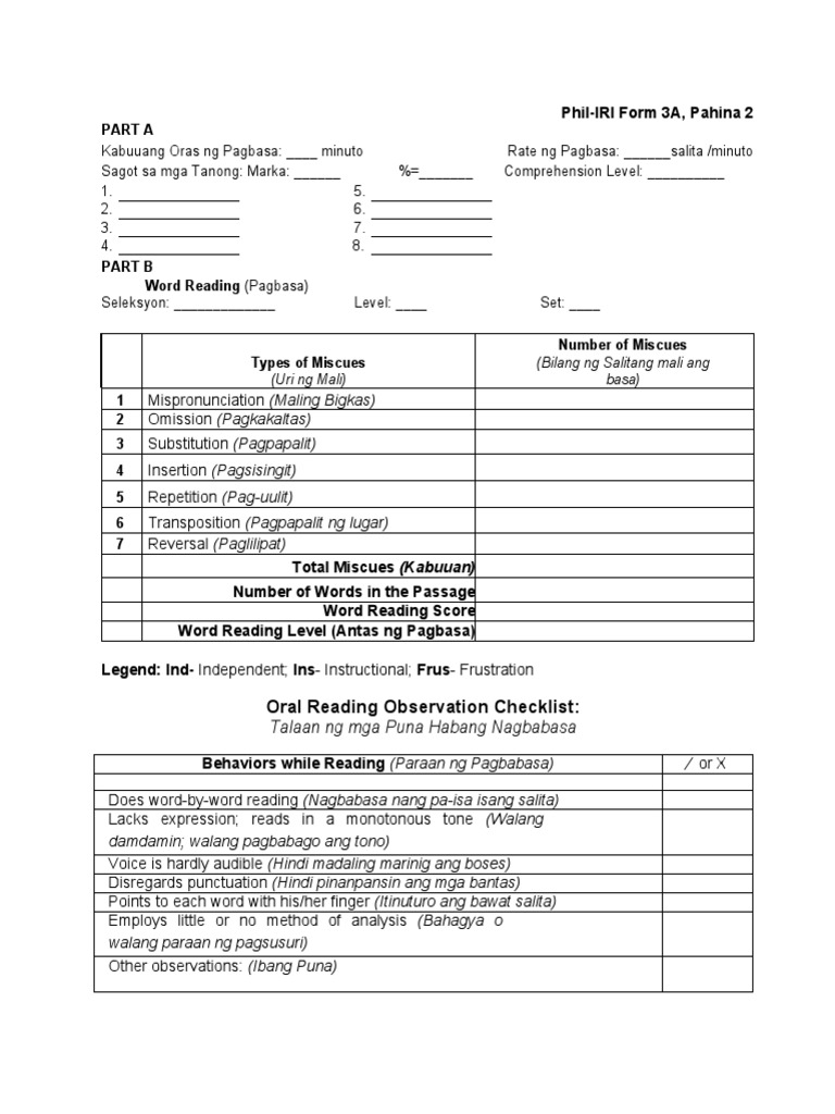 Behavior and Miscues - Phil-IRI Form 3A | PDF