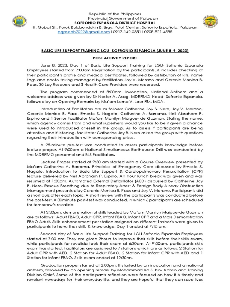 Post Activity Report - BLS Training (LGU Espanola) June 8-9, 2023 | PDF