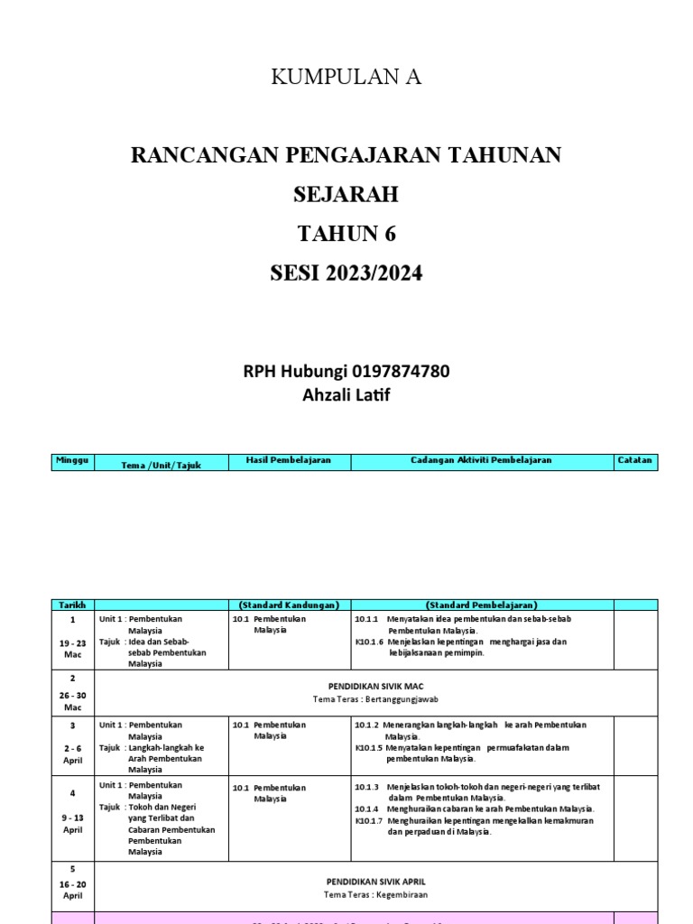 RPT Sejarah TH 6 2023 2024 | PDF