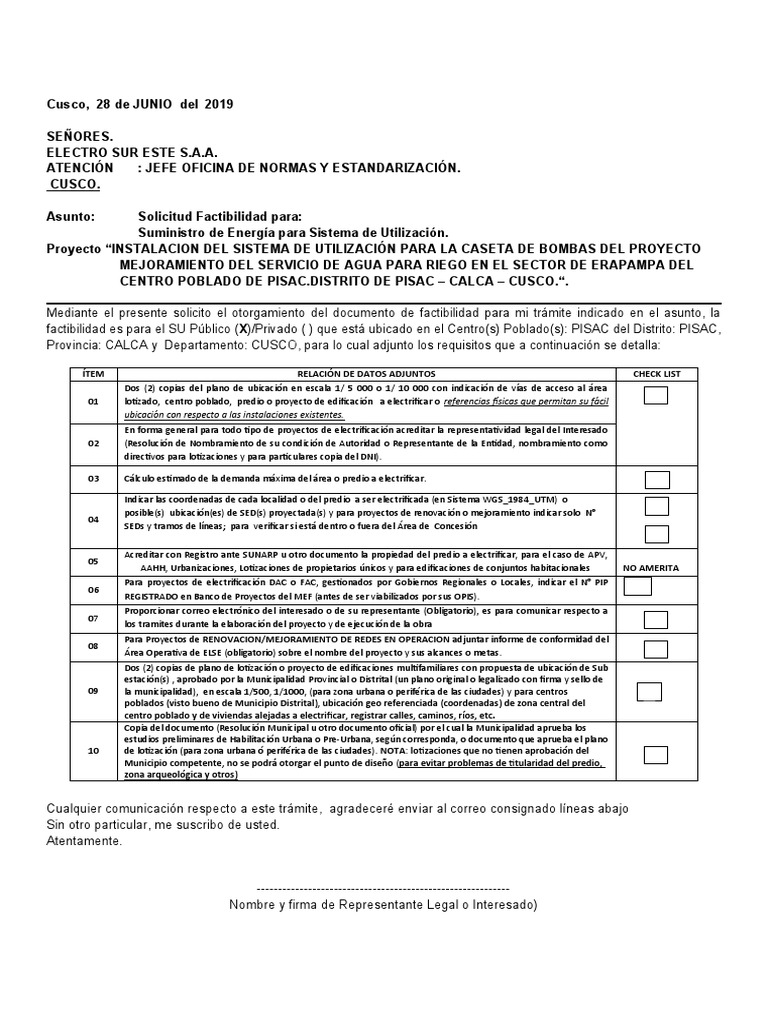 001sol01-Fa01 Solicitud de Factibilidad de Suministro Electrico Pisac | PDF