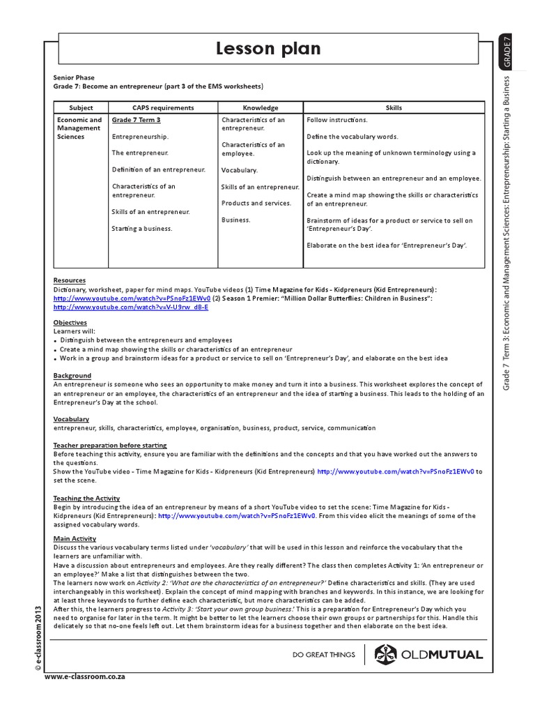 Lesson Plan | PDF | Entrepreneurship | Vocabulary