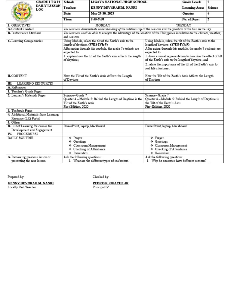 GRADE 7 LP 4th Week | PDF | Classroom Management | Teachers