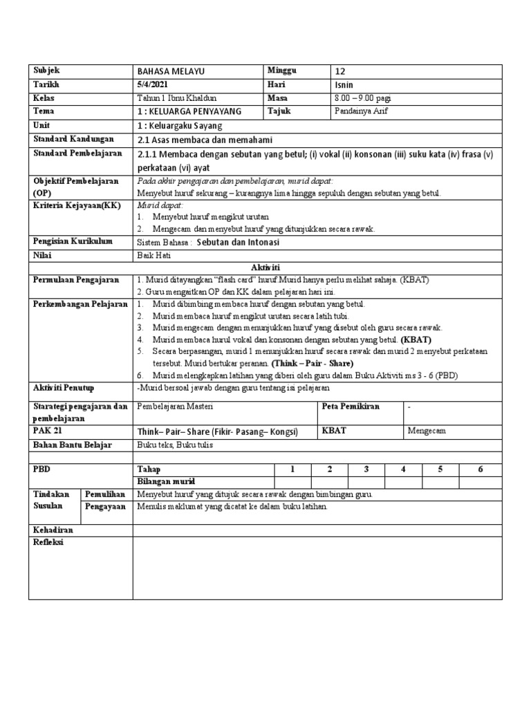 RPH TS25 BM Tahun 1 | PDF | Karier & Perkembangan | Seni & Disiplin Bahasa