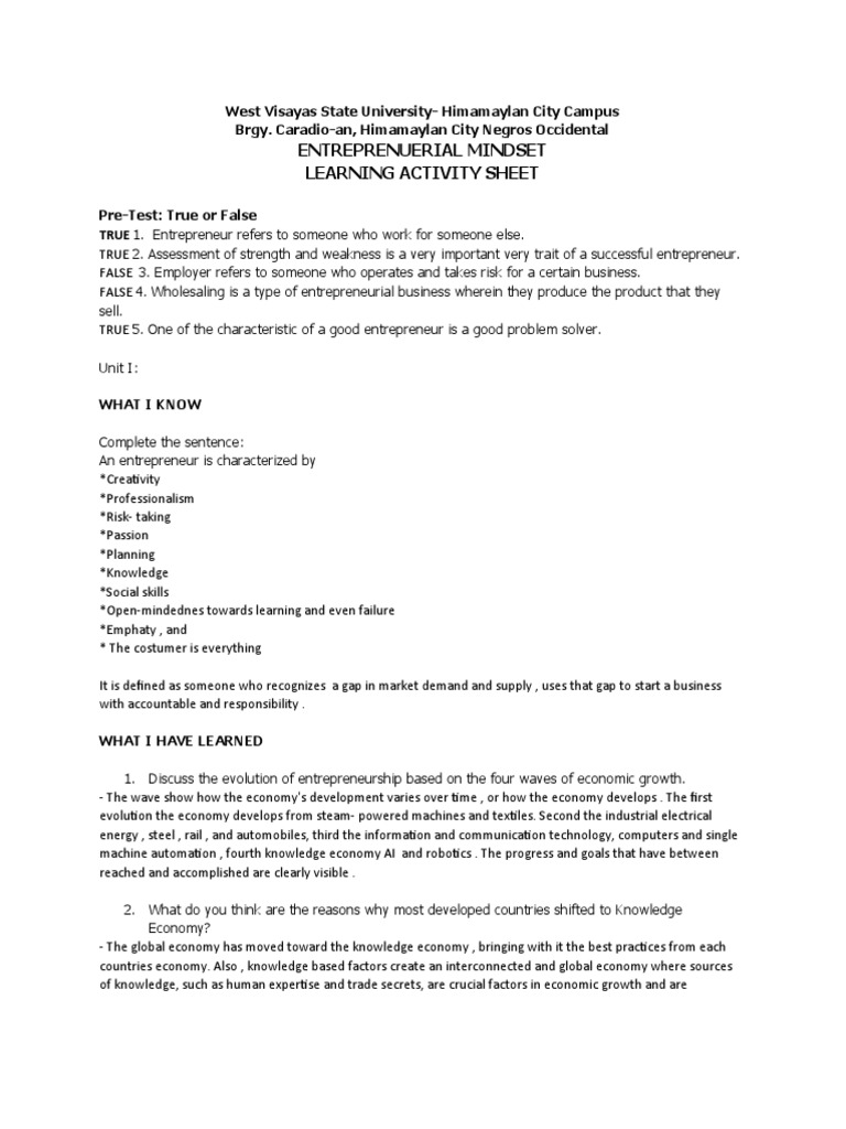 Entrepreneurial Mindset Activity Sheet | PDF | Entrepreneurship ...