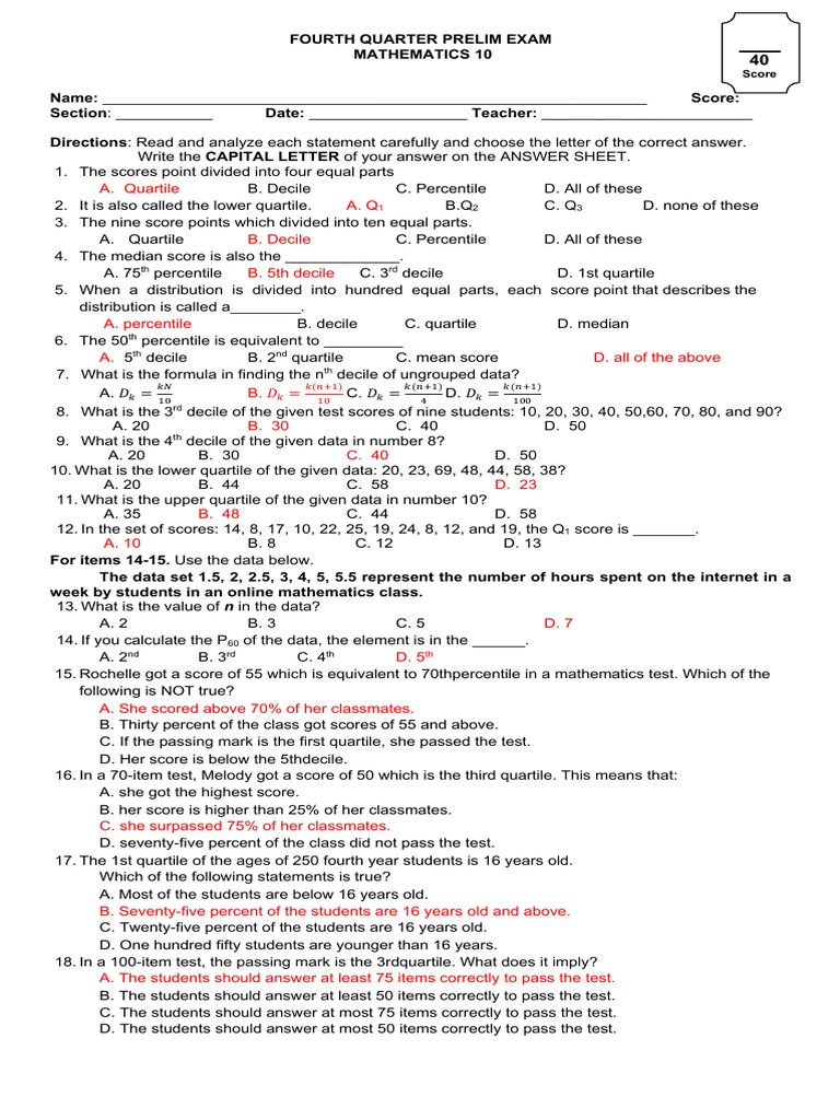 2022 2023 Fourth Quarter Prelim Exam | PDF | Percentile | Quartile
