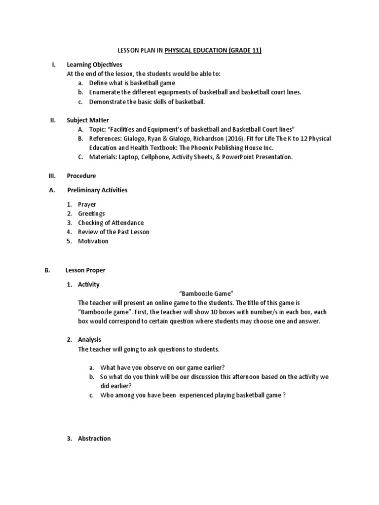 Grade 11 Basketball Lesson Plan | PDF | Teachers | Lesson Plan