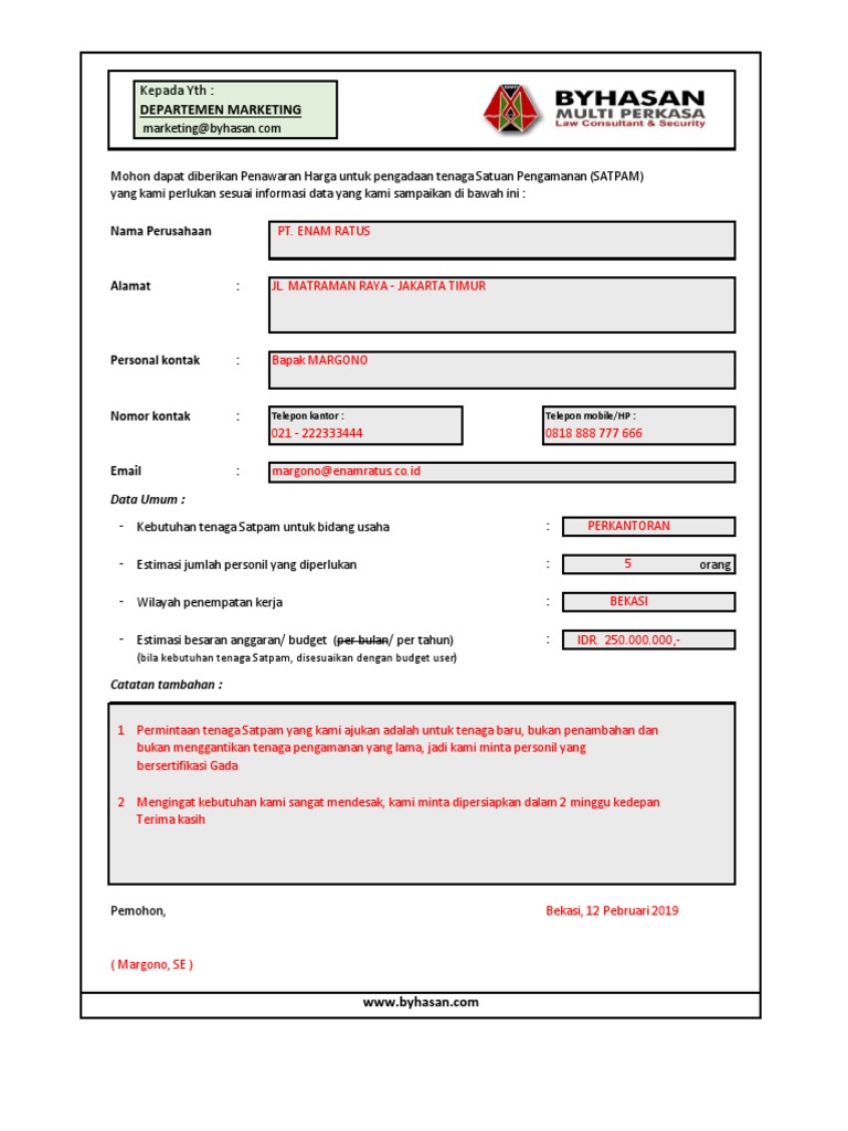 Contoh Form Permintaan Tenaga SATPAM | PDF