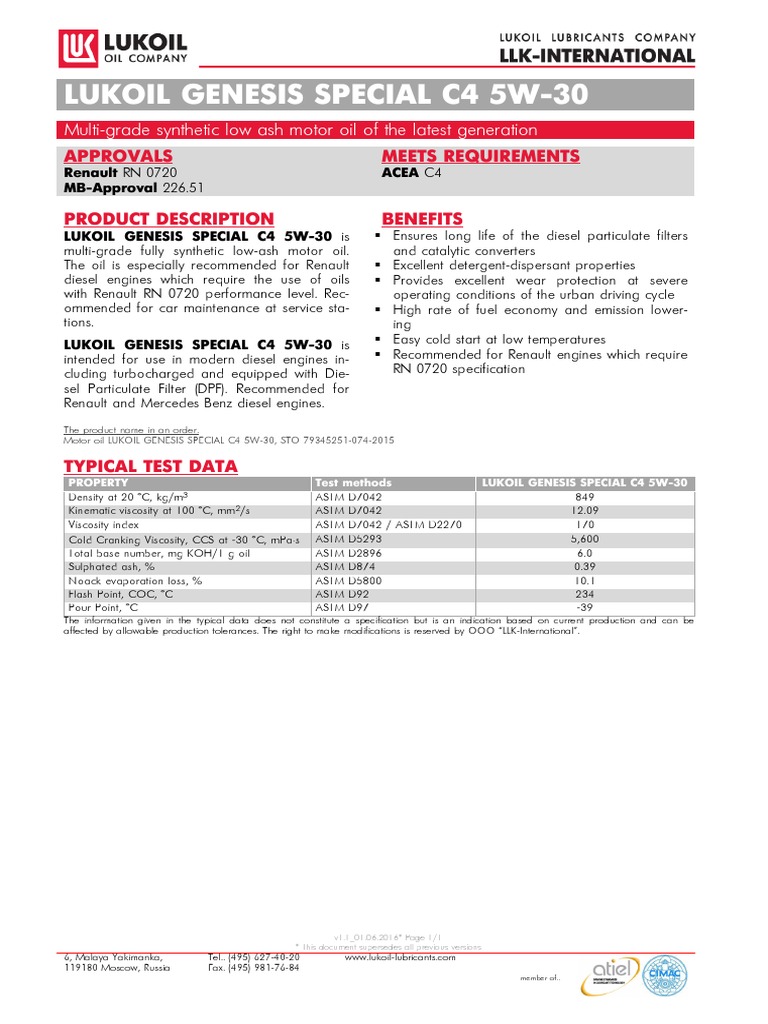 Tds Lukoil Genesis Special c4 5w-30 v.1.1 09.06.2016 Eng | PDF | Motor ...