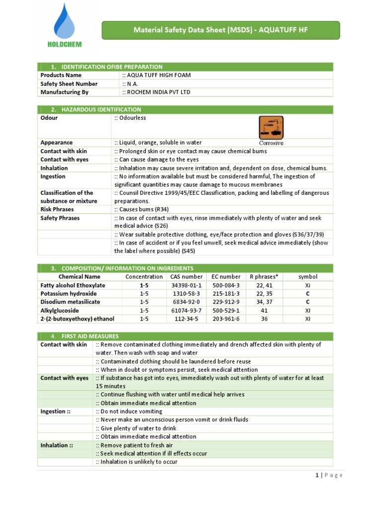 Aquatuff High Foam Safety Data Sheet | PDF | Home & Garden | Science ...