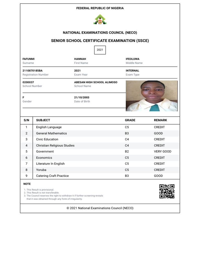 NECO Results Portal | PDF