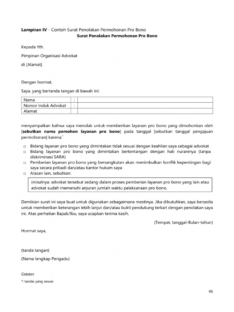 Contoh Surat Penolakan Permohonan Pro Bono | PDF