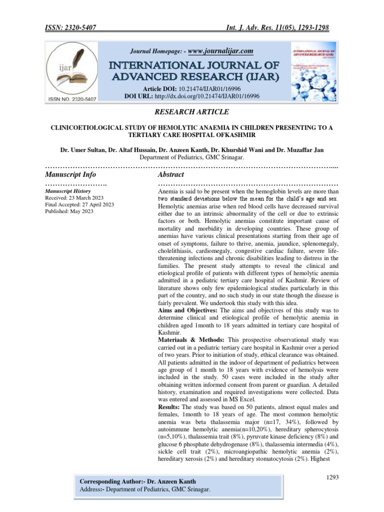 Clinicoetiological Study of Hemolytic Anaemia in Children Presenting To ... Clinicoetiological Study of Hemolytic Anaemia in Children Presenting To ...