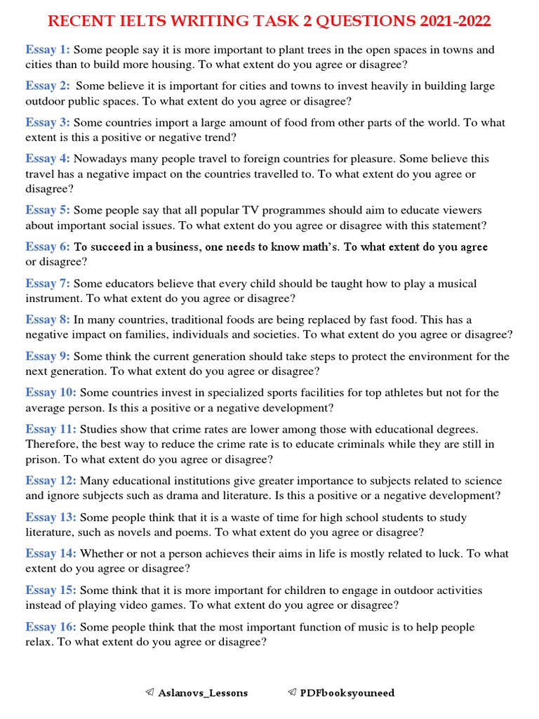 RECENT IELTS WRITING TASK 2 QUESTIONS 2021 2022 @aslanovs Lessons ...