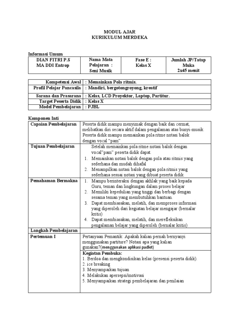 Contoh RPP Seni Musik Kelas X | PDF