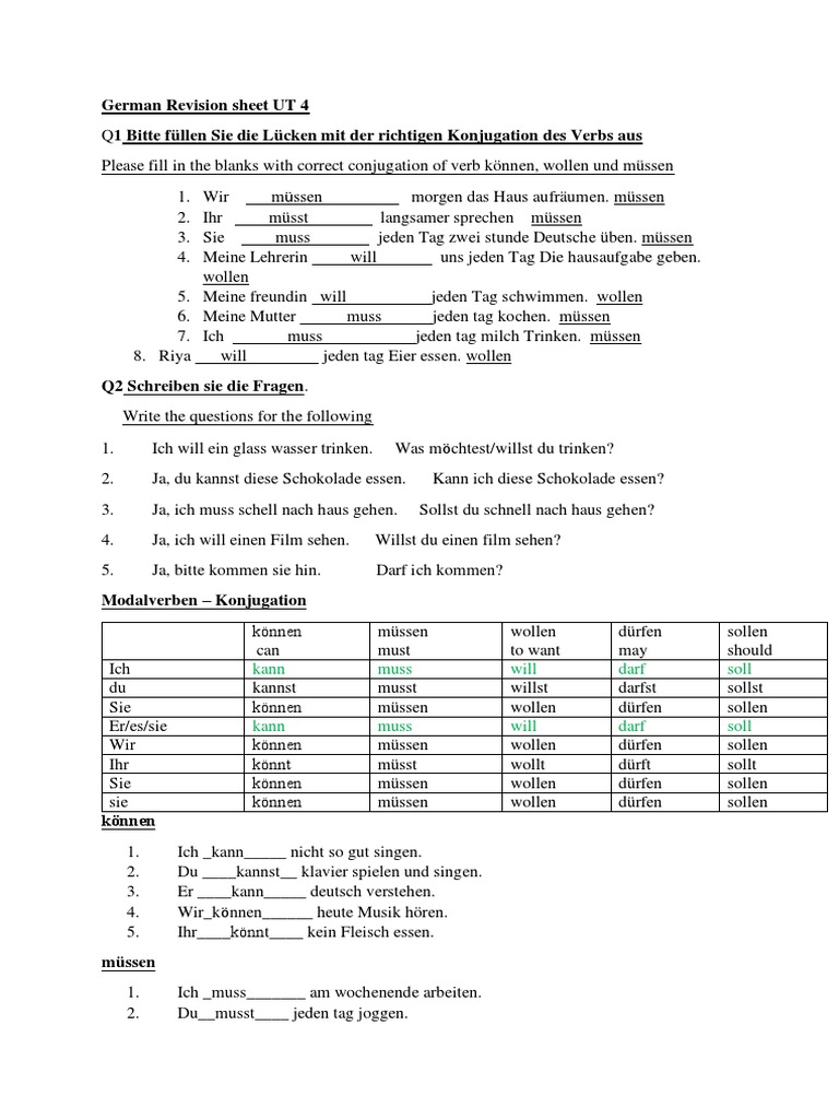 Answer Key German Revision Sheet UT 4 | PDF