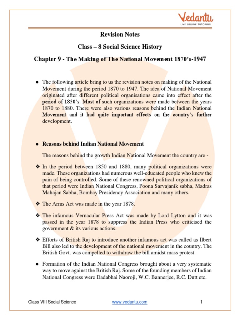 CBSE Class 8 History Chapter 9 Notes - The Making of The National ...