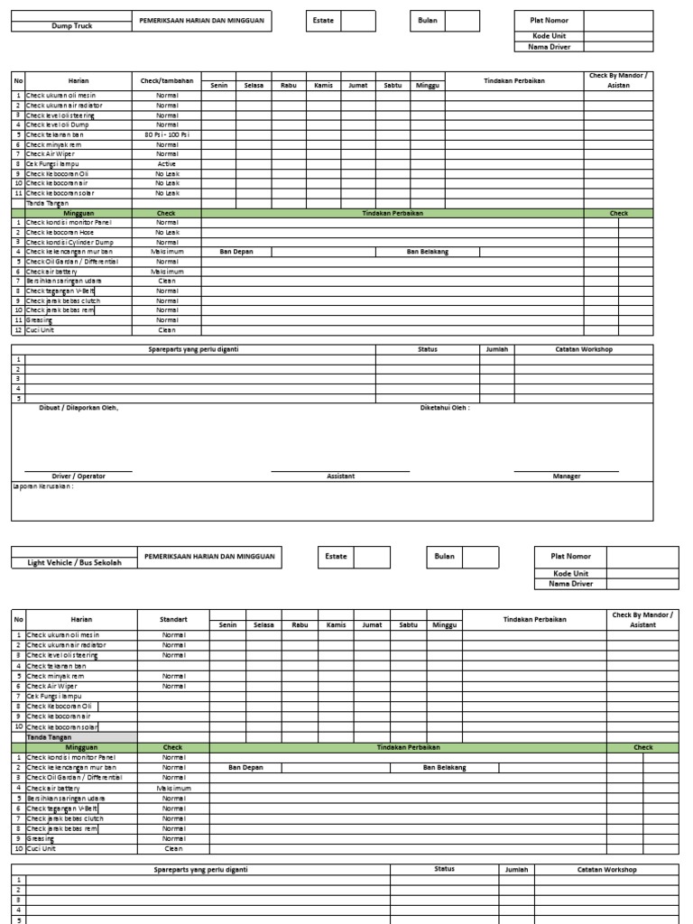 Contoh Form Pemeriksaan Harian Dan Mingguan UPDATE | PDF