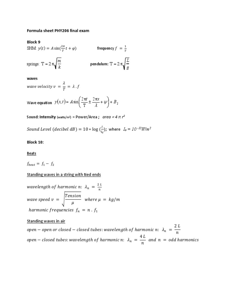 Formula Sheet PHY Final Exam | PDF | Waves | Atomic