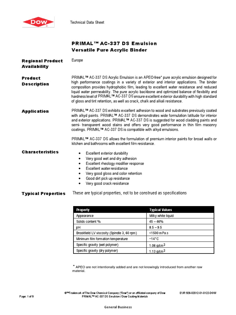 926 02012 01 Primal Ac 337 Ds Emulsion Tds | PDF | Paint | Acrylic Paint