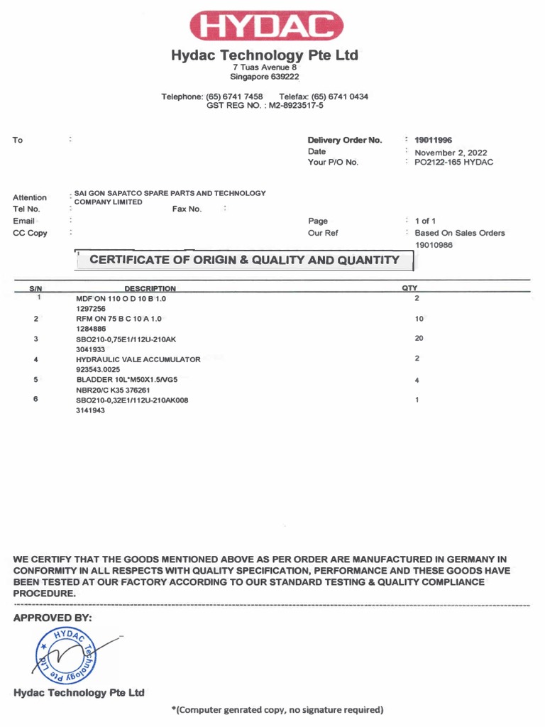 Co CQ Hydac-11 Nhap Phu Tung Thuy Luc Xe Nang | PDF