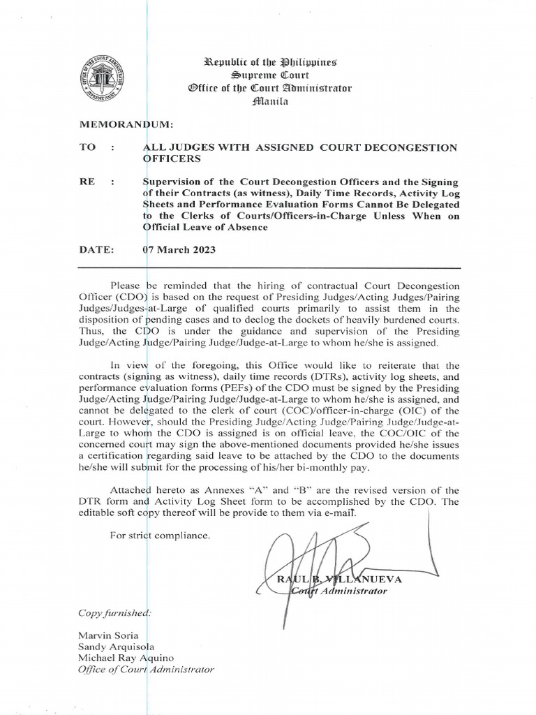 CDO - Memo Re Supervision of CDOs and Signing of Contracts DTRs Etc by The Judge | PDF