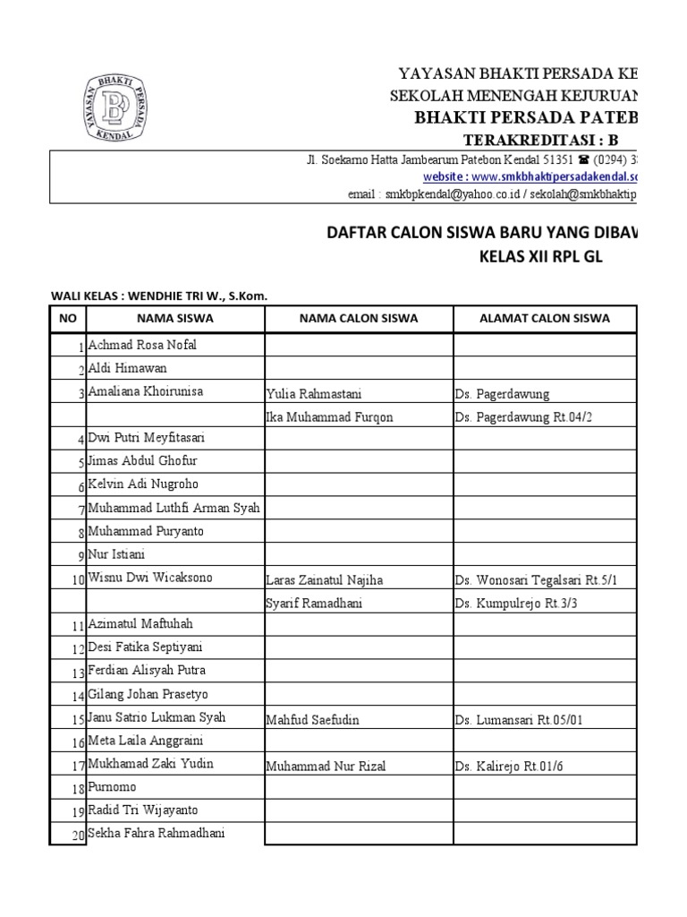 Form Daftar Calon Siswa Baru RPL GL | PDF