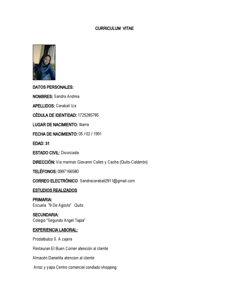 Curriculum Vitae de Sandra Carabalí | PDF | Estilo de vida
