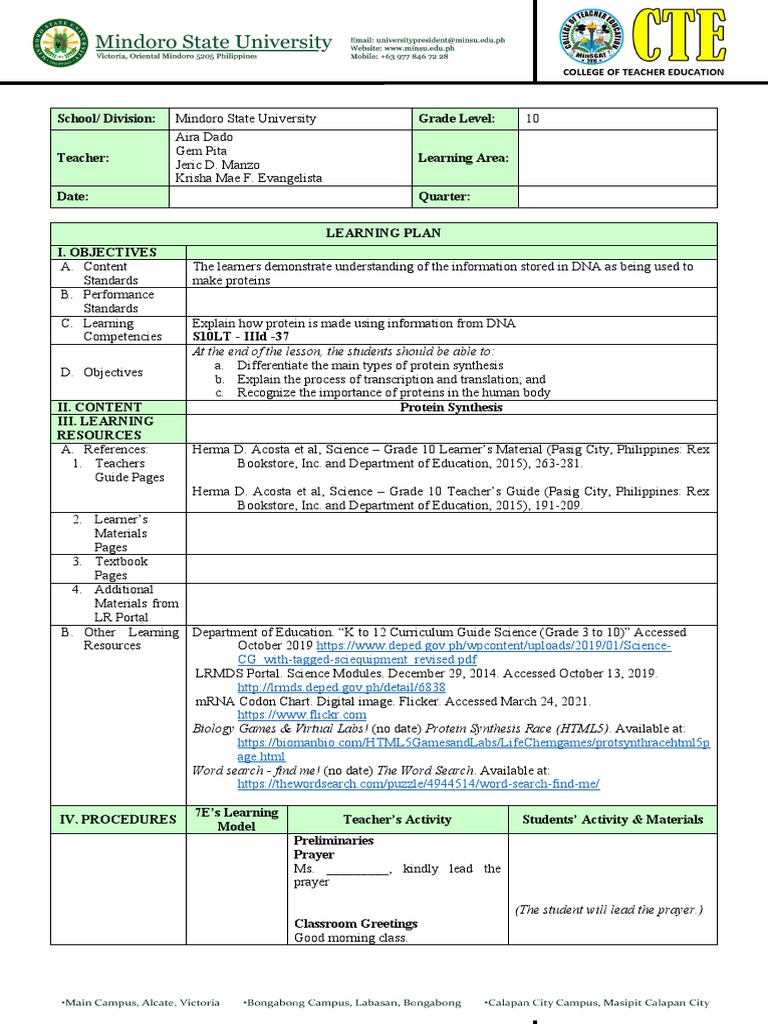 Learning Plan - Protein Synthesis | PDF