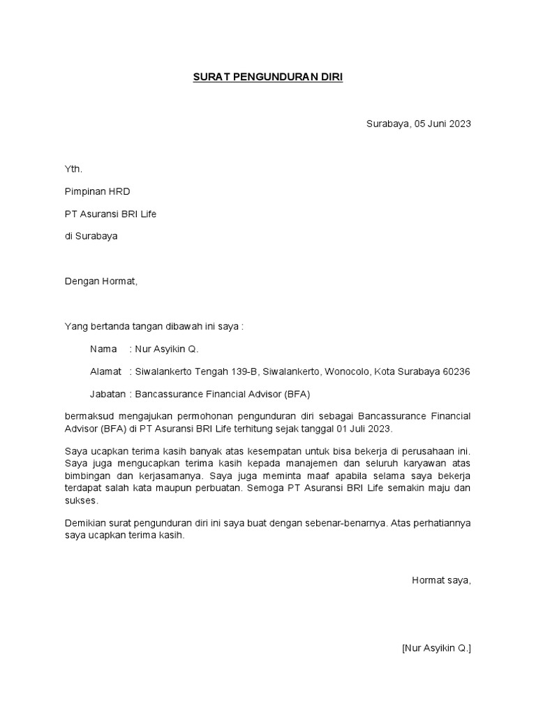 Surat Resign Dari Perusahaan | PDF