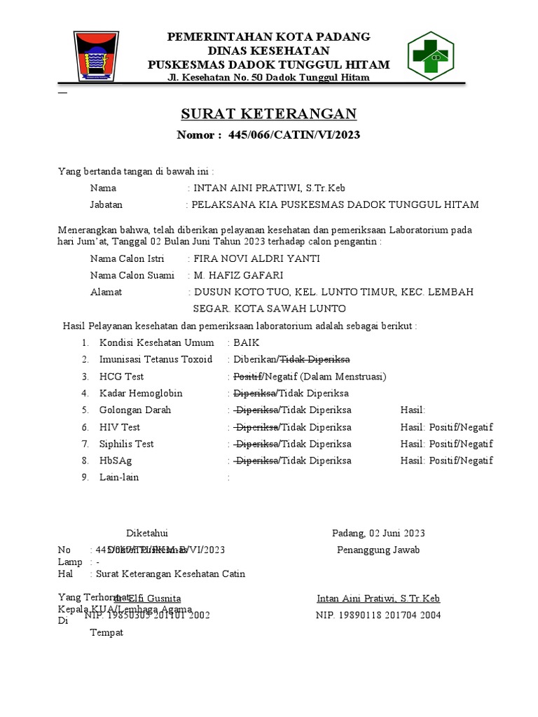 Surat Keterangan Sehat Catin 2023 | PDF | Kesehatan Holistik