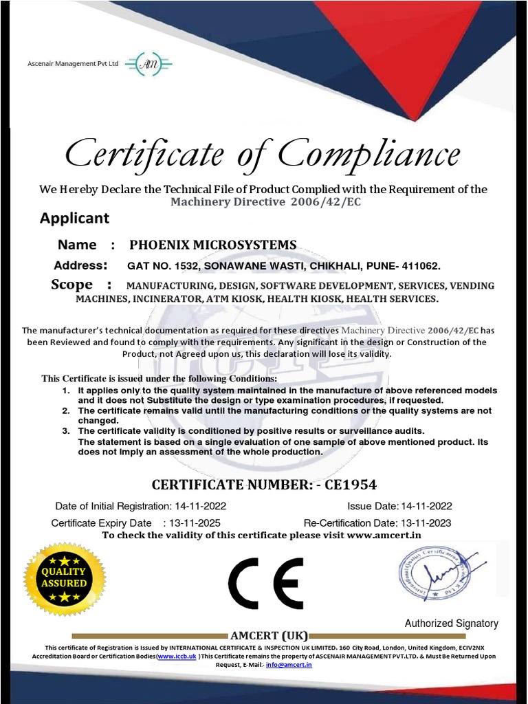 CE Certificate of Compliance for Machinery | PDF | Technology & Engineering