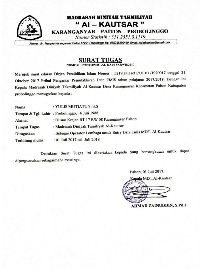 Surat Tugas Operator MDT | PDF