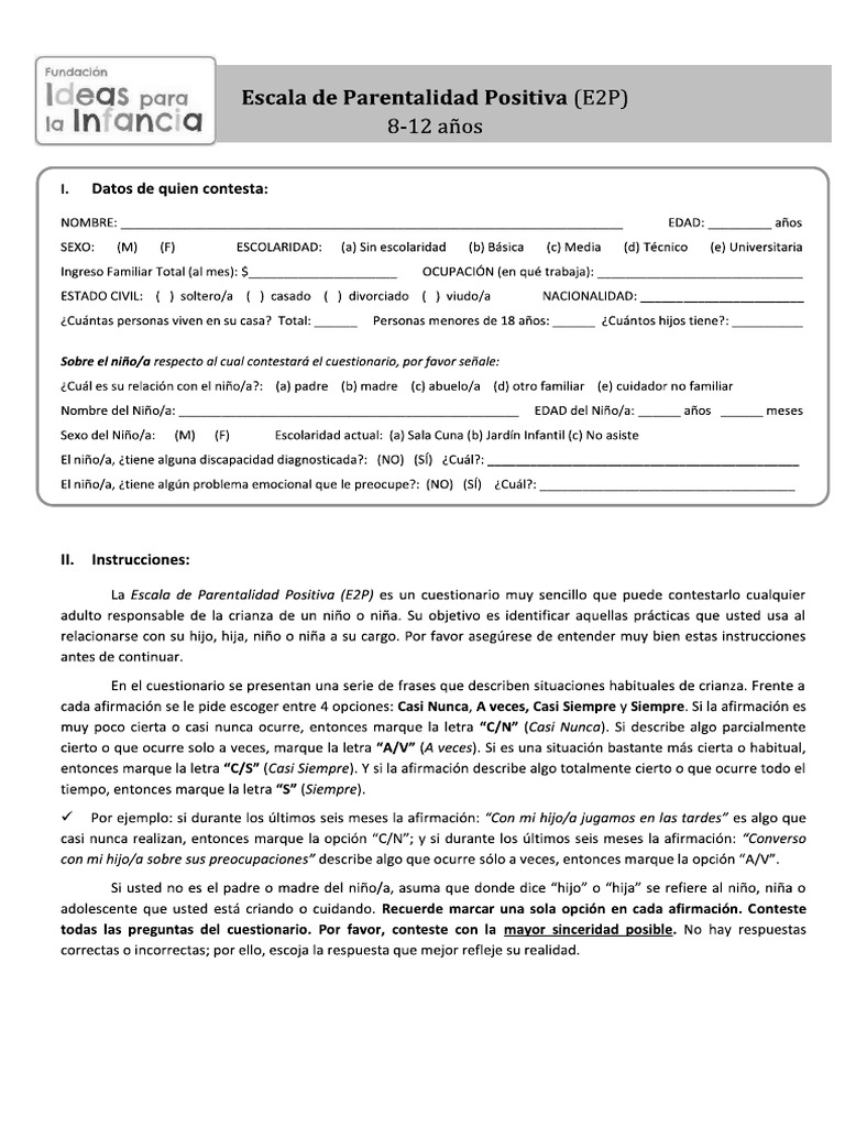 Escala de Parentabilidad Positiva (E2P) 8-12 Años | PDF