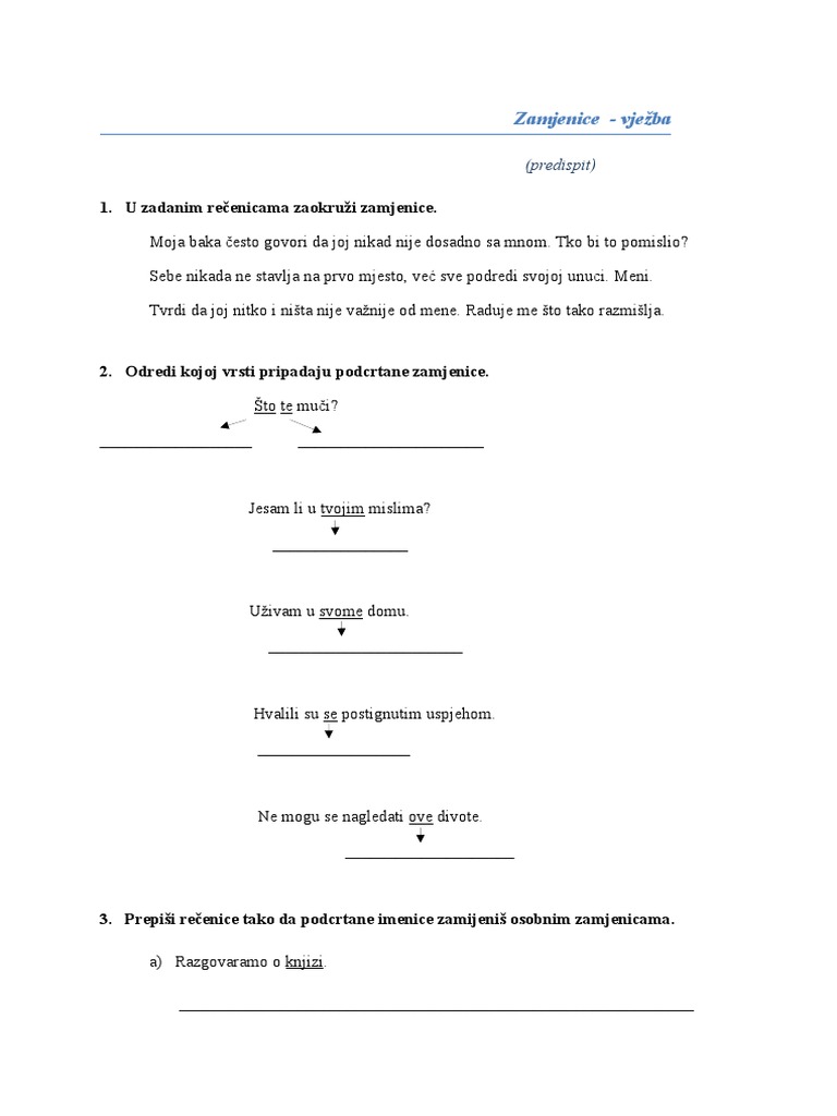 Zamjenice Zadatci Za Vjezbu Predispit | PDF