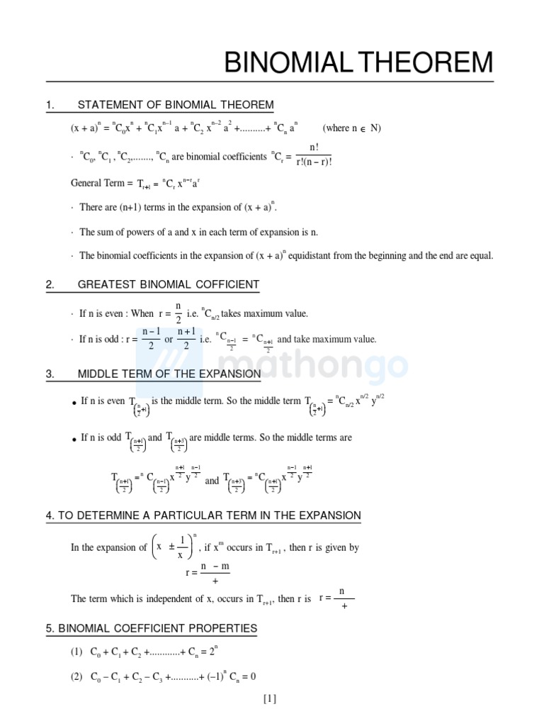 Binomial Theorem - Formula Sheet - MathonGo | PDF