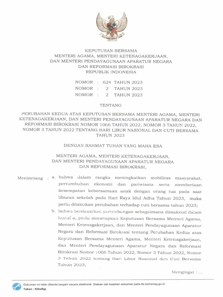 SKB 3 Menteri TTG Hari Libur Nasional Dan Cuti Bersama & Lamp Ok | PDF