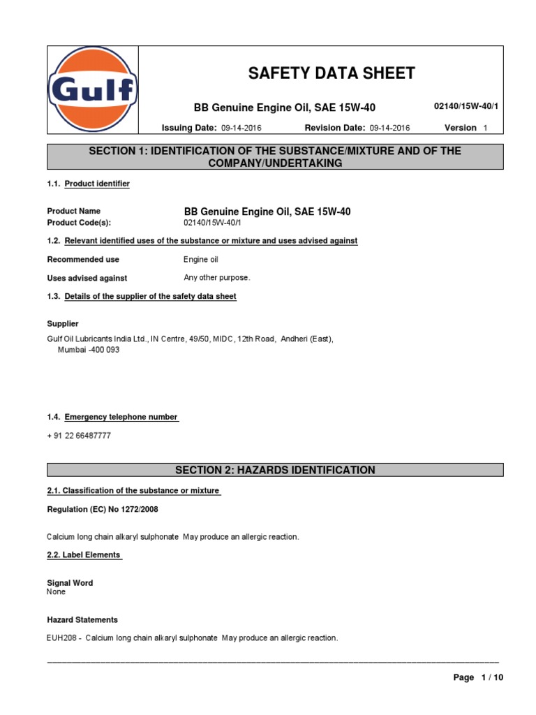 BB Genuine Engine Oil 15W-40 | PDF | Toxicity | Waste