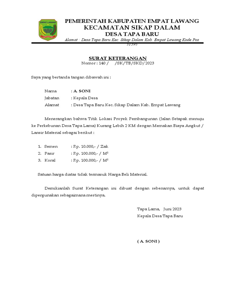 Surat Keterangan Proyek Desa Tapa Baru | PDF
