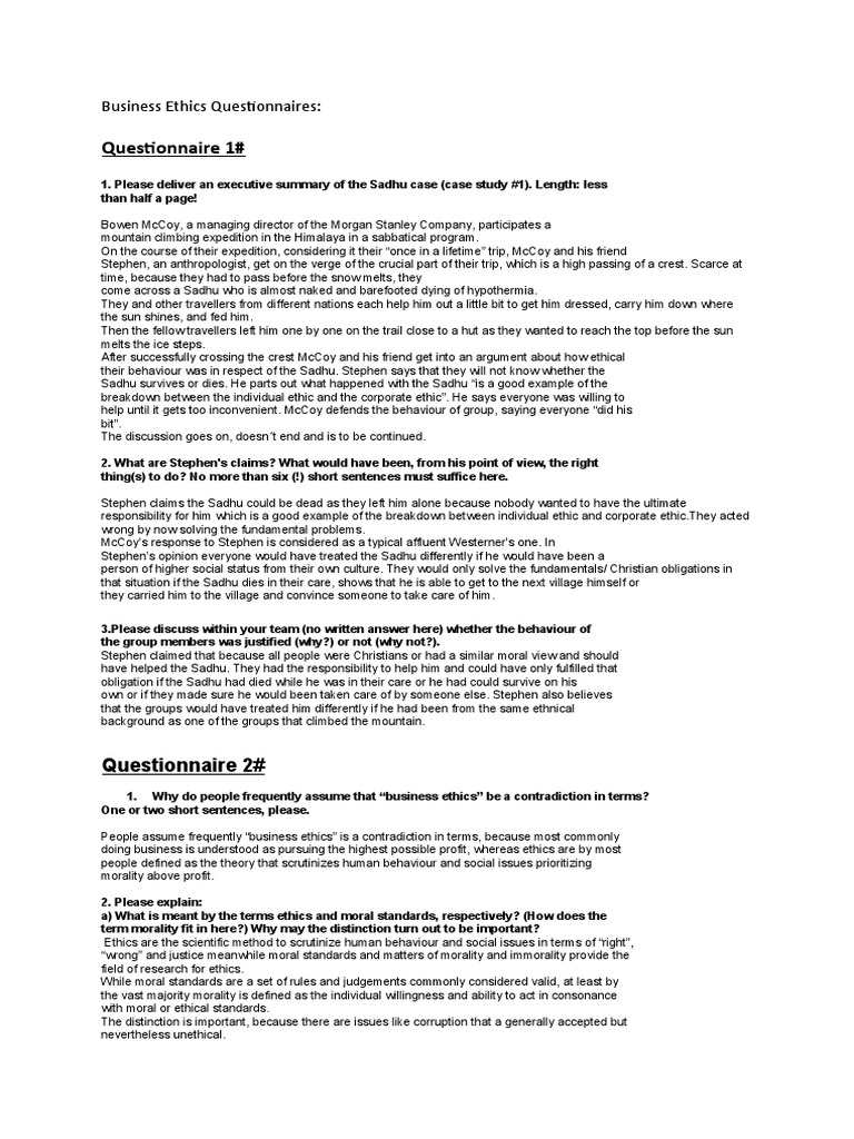 Business Ethics Questionnaires Solutions by Kenneth | PDF | Morality | Utilitarianism