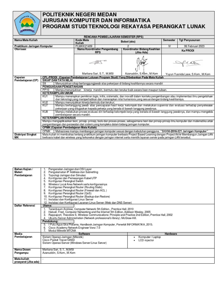 RPS Praktikum Jaringan Komputer TRPL | PDF | Komputer | Teknologi & Rekayasa