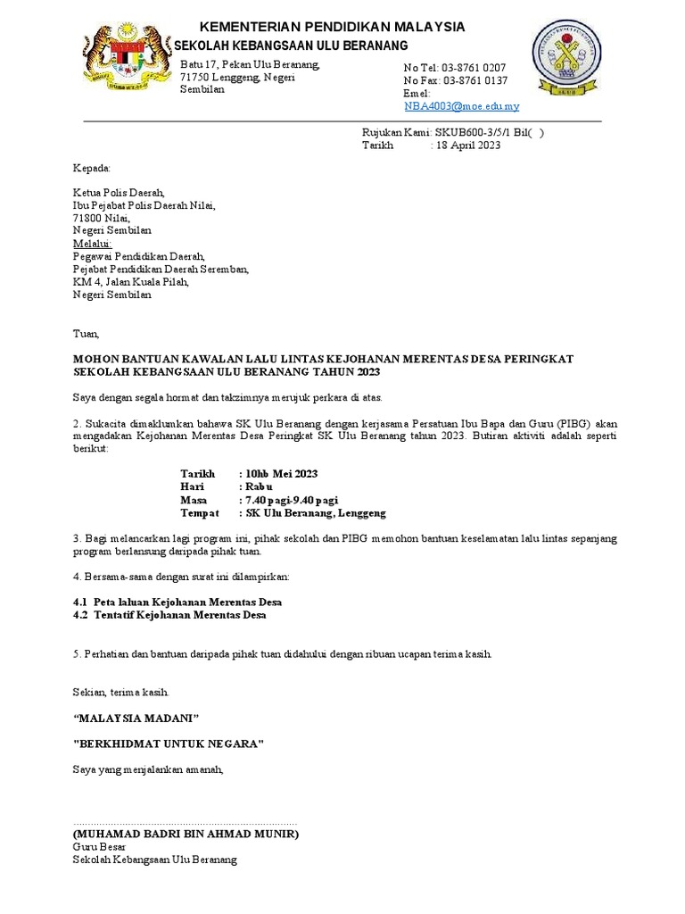 Surat Bantuan Polis Program Merentas desa 2023 | PDF