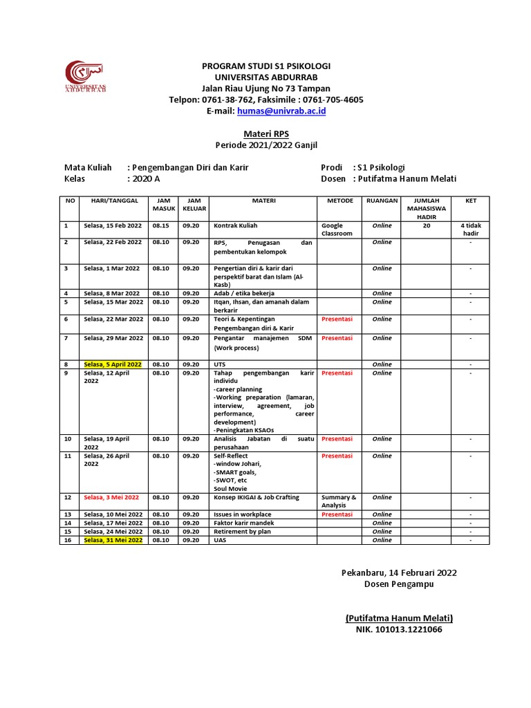 By Putifatma Jadwal Dan Materi Pengembangan Diri & Karir 4A | PDF ...