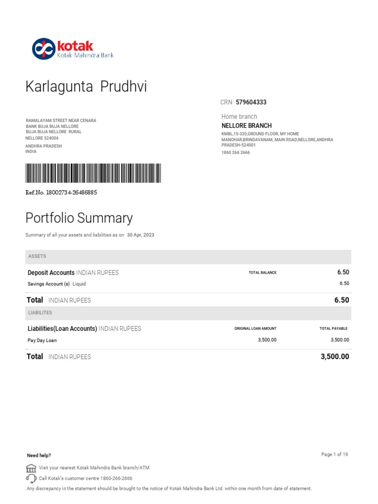 Kotak Mahindra Bank Account Summary | PDF | Payments | Cheque