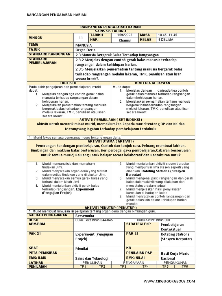 Rancangan Pengajaran Sains Tahun 4 | PDF