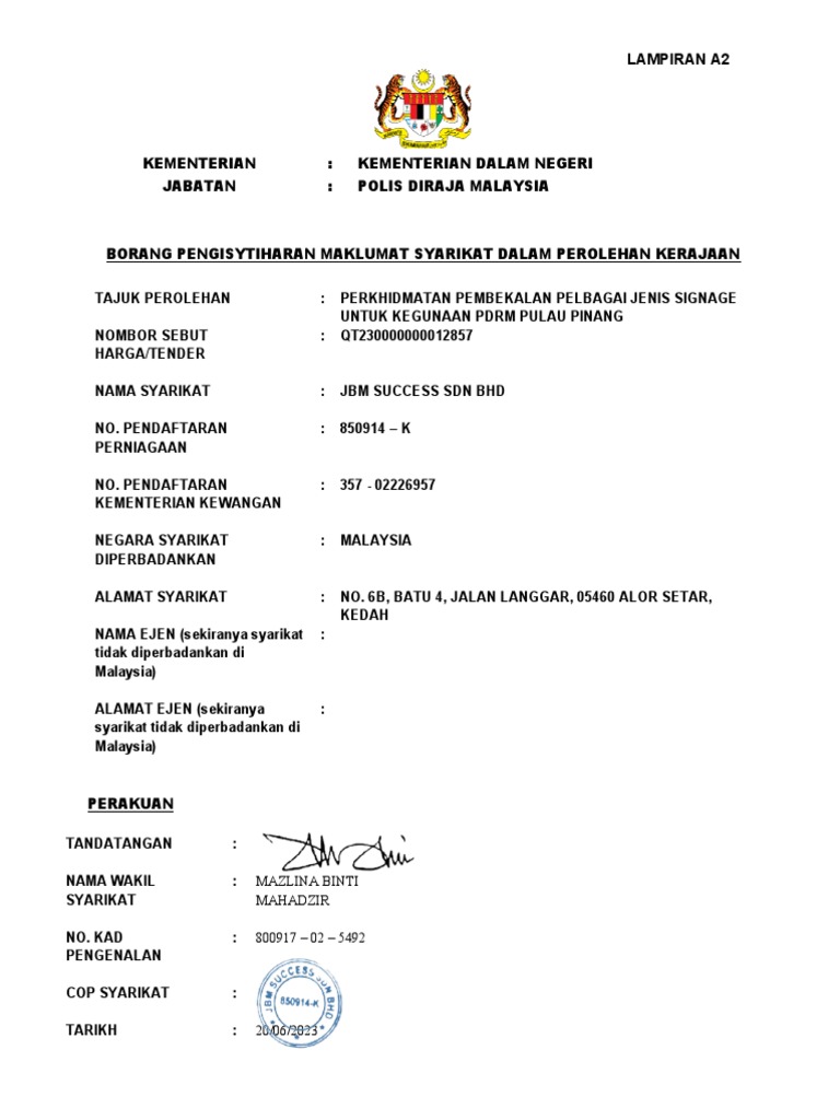 Lampiran A2 - Borang Pengisytiharan Maklumat Syarikat Dalam Perolehan Kerajaan | PDF