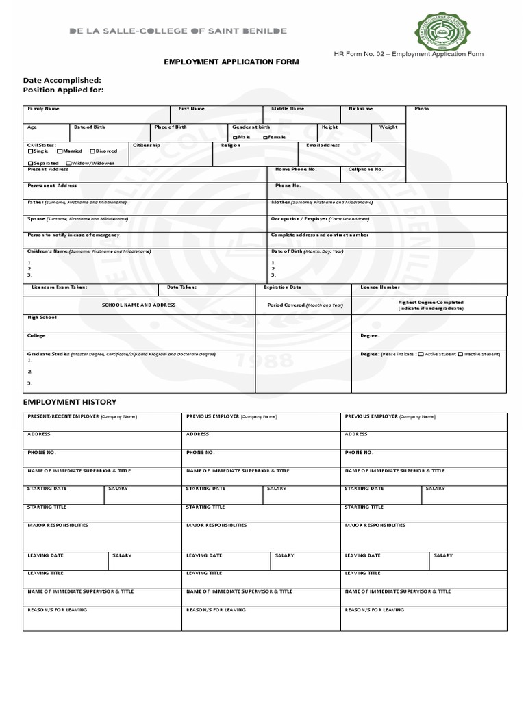 PODO - HR Form No. 02 - Employment Application Form | PDF | Privacy ...