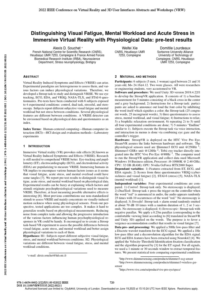 Distinguishing Visual Fatigue Mental Workload and Acute Stress in Immersive Virtual Reality With ...